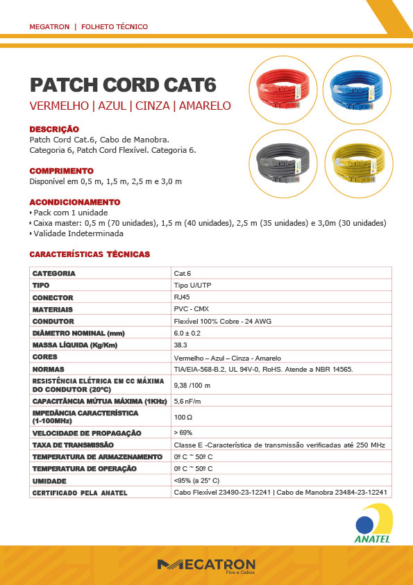 PATCH CORD CAT5e - Megatron - Fios e Cabos Especiais