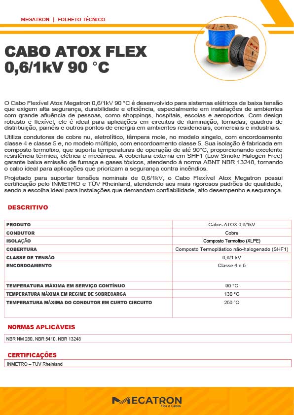 CABO ATOX FLEX 0,6/1kV 90 °C - Megatron - Fios e Cabos Especiais